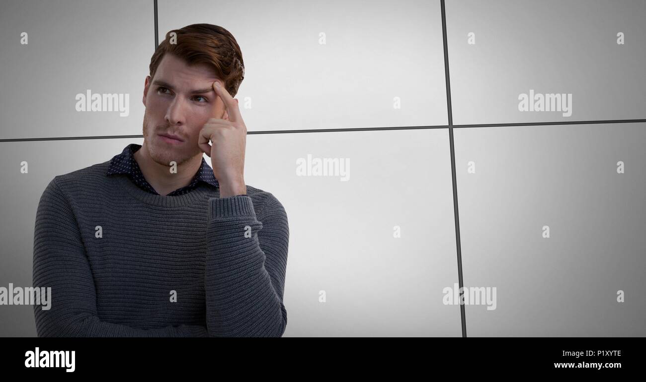 Businessman thinking with dark blue background with lined wall Stock ...
