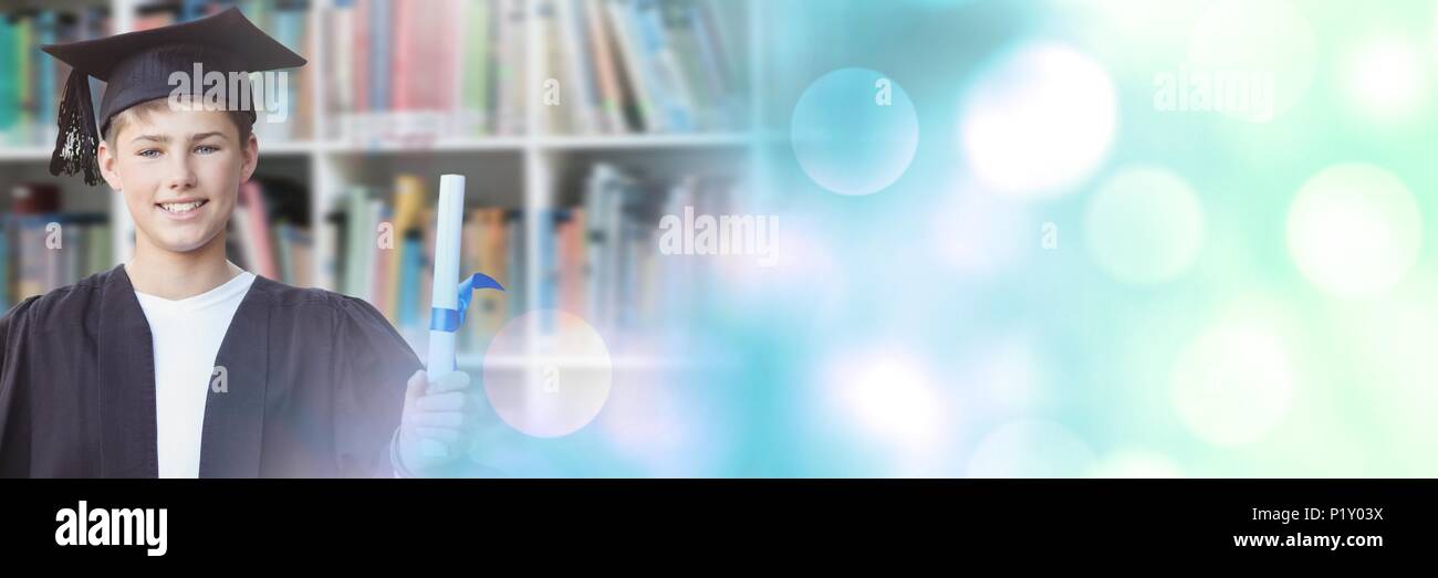 Student boy graduating in education library with transition Stock Photo ...