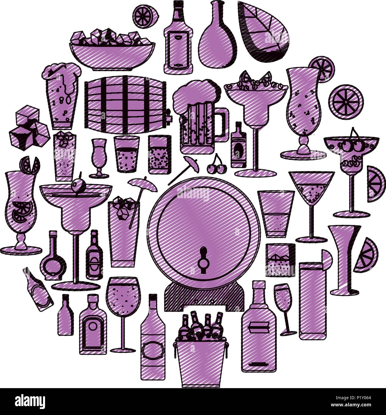doodle circle liquor bottles and glass alcohol beverages Stock Vector ...