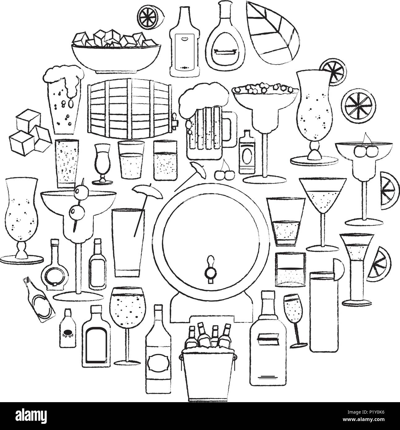 grunge circle liquor bottles and glass alcohol beverages Stock Vector ...