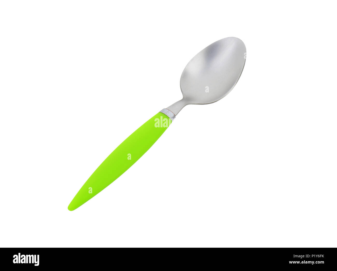 Empty teaspoon with green plastic handle on white background Stock ...
