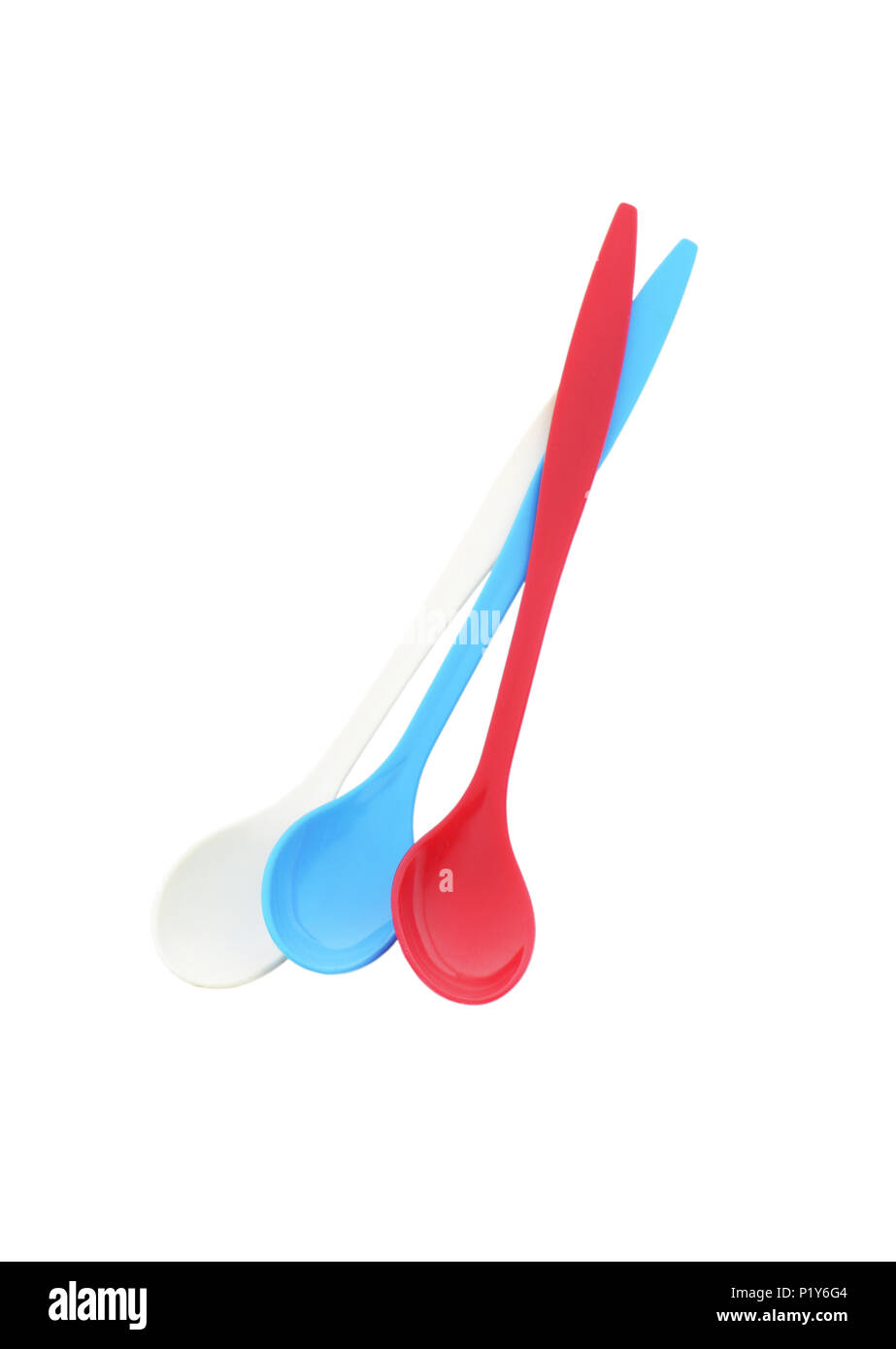 Three empty long plastic spoons - red, blue and white Stock Photo - Alamy