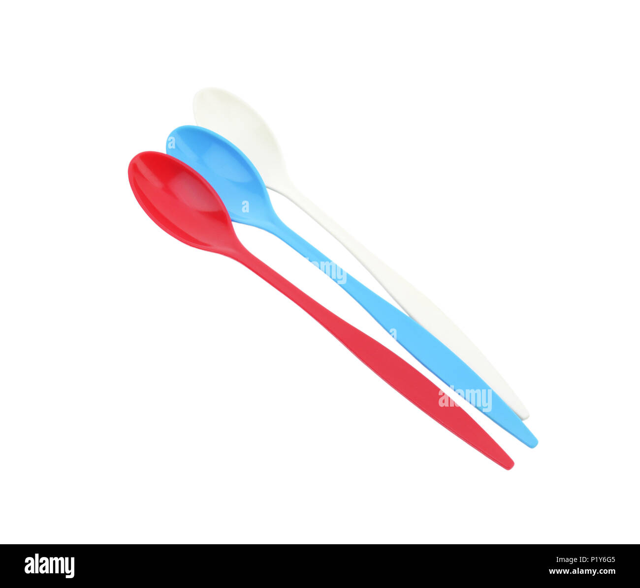 Three empty long plastic spoons - red, blue and white Stock Photo - Alamy