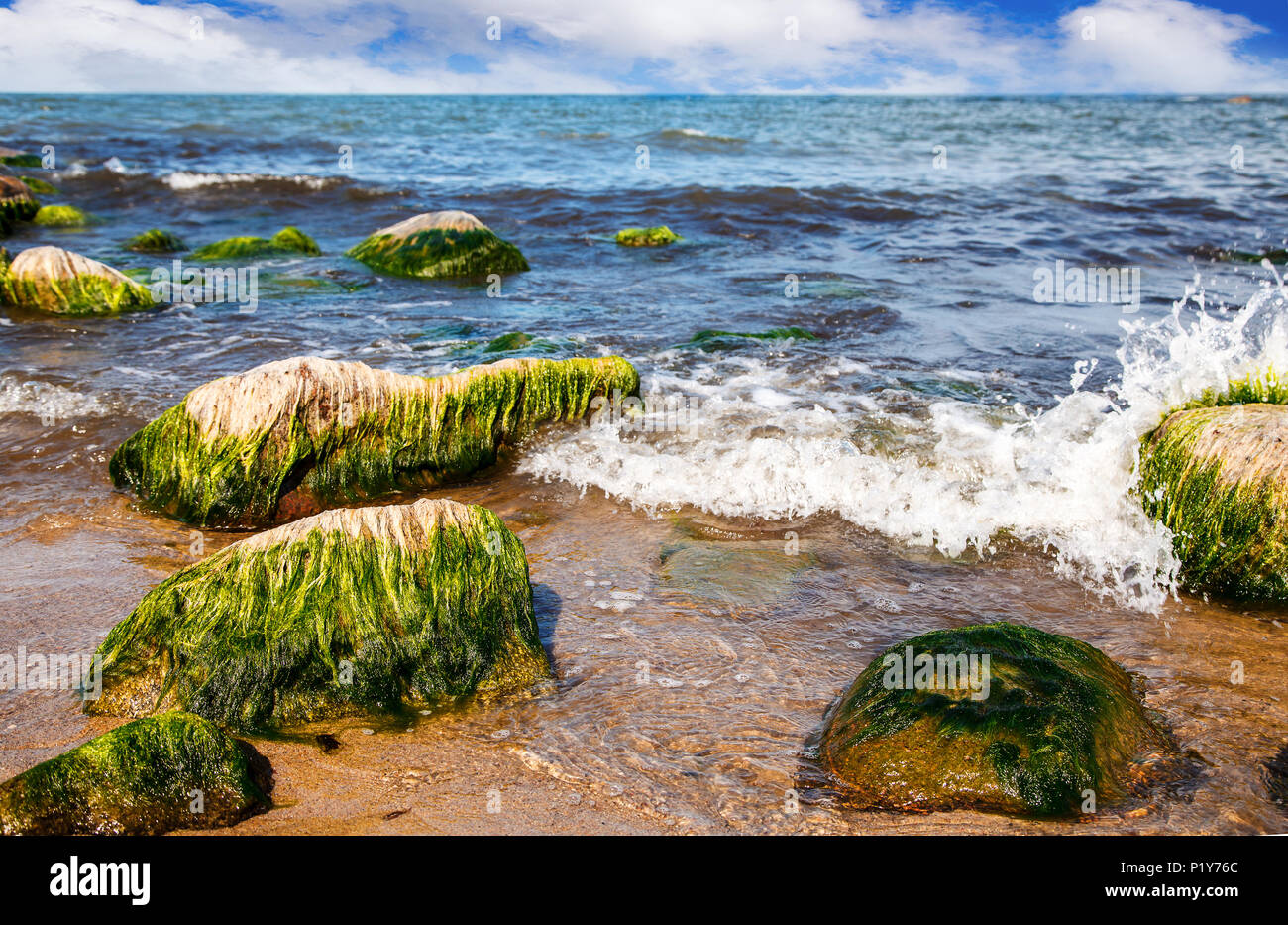 sea waves break down on a large stone on overcast summer day Stock ...
