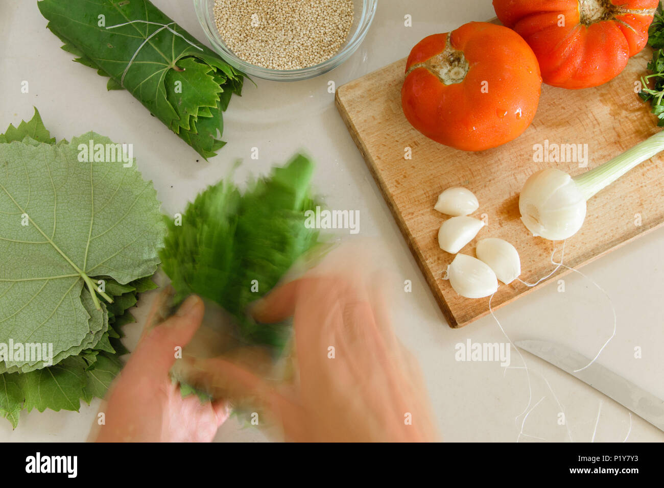 Top view of woman hands cooking a traditional meal with grape leaves ...
