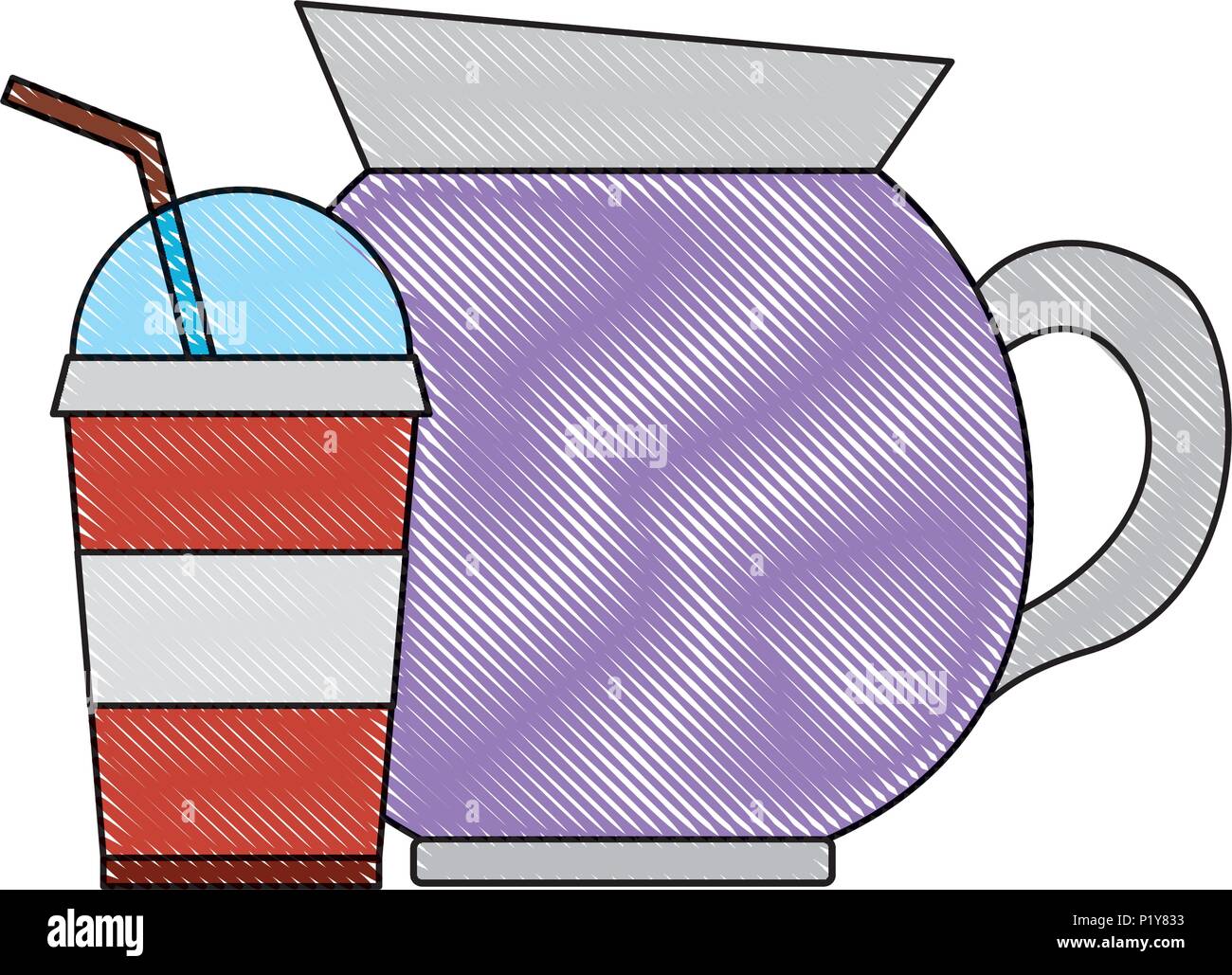 coffee maker and disposable paper cup straw vector illustration drawing ...