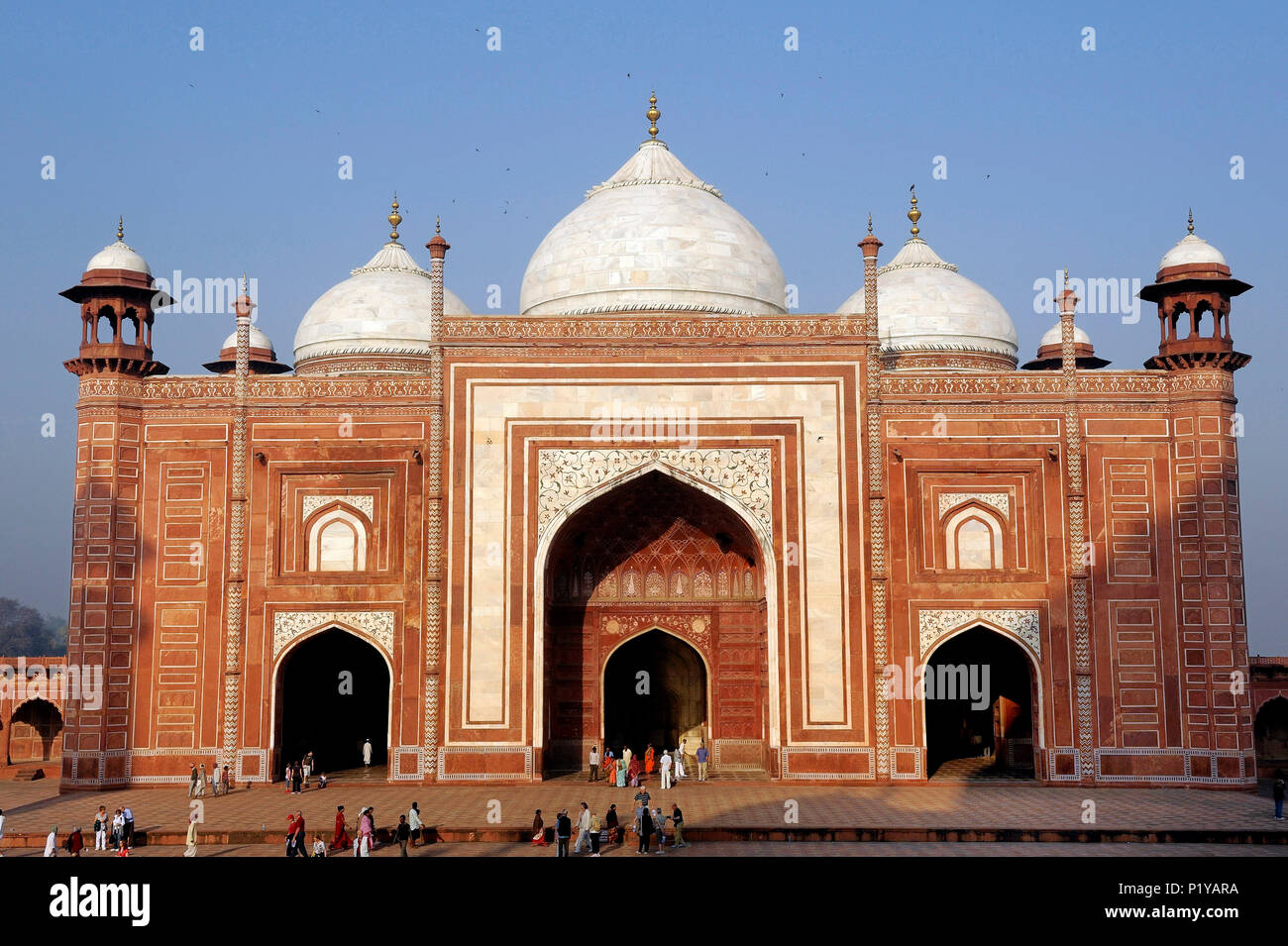India, Agra, Taj Mahal mosque made of red sandstone and white marble ...