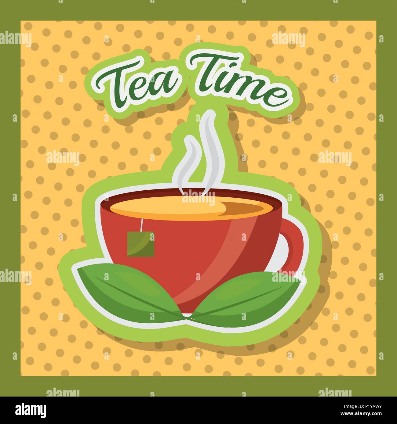 hot tea cup and teabag on dish dotted background - tea time vector ...
