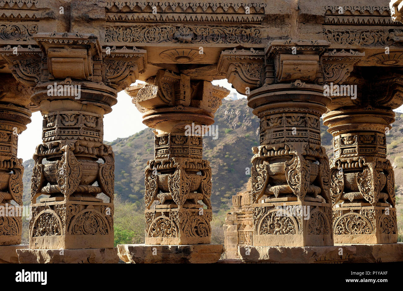 India, Rajasthan, sculpted columns of a Jain temple in Kiradu (10th ...