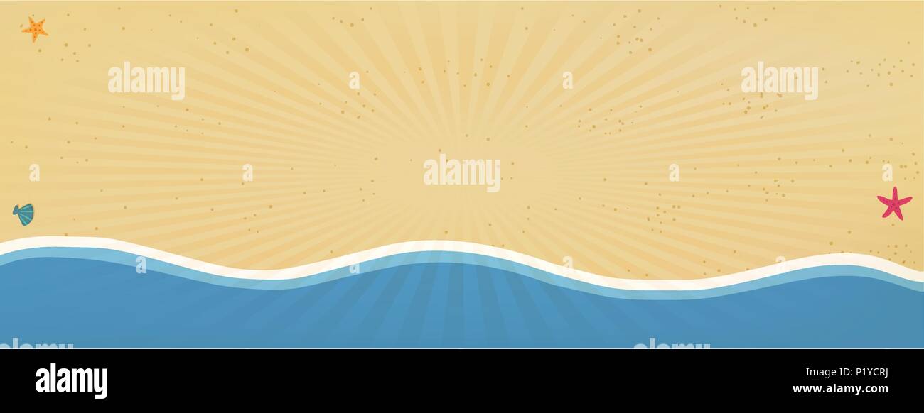 Top view of golden sandy beach with yellow sand, shells and starfish in ...