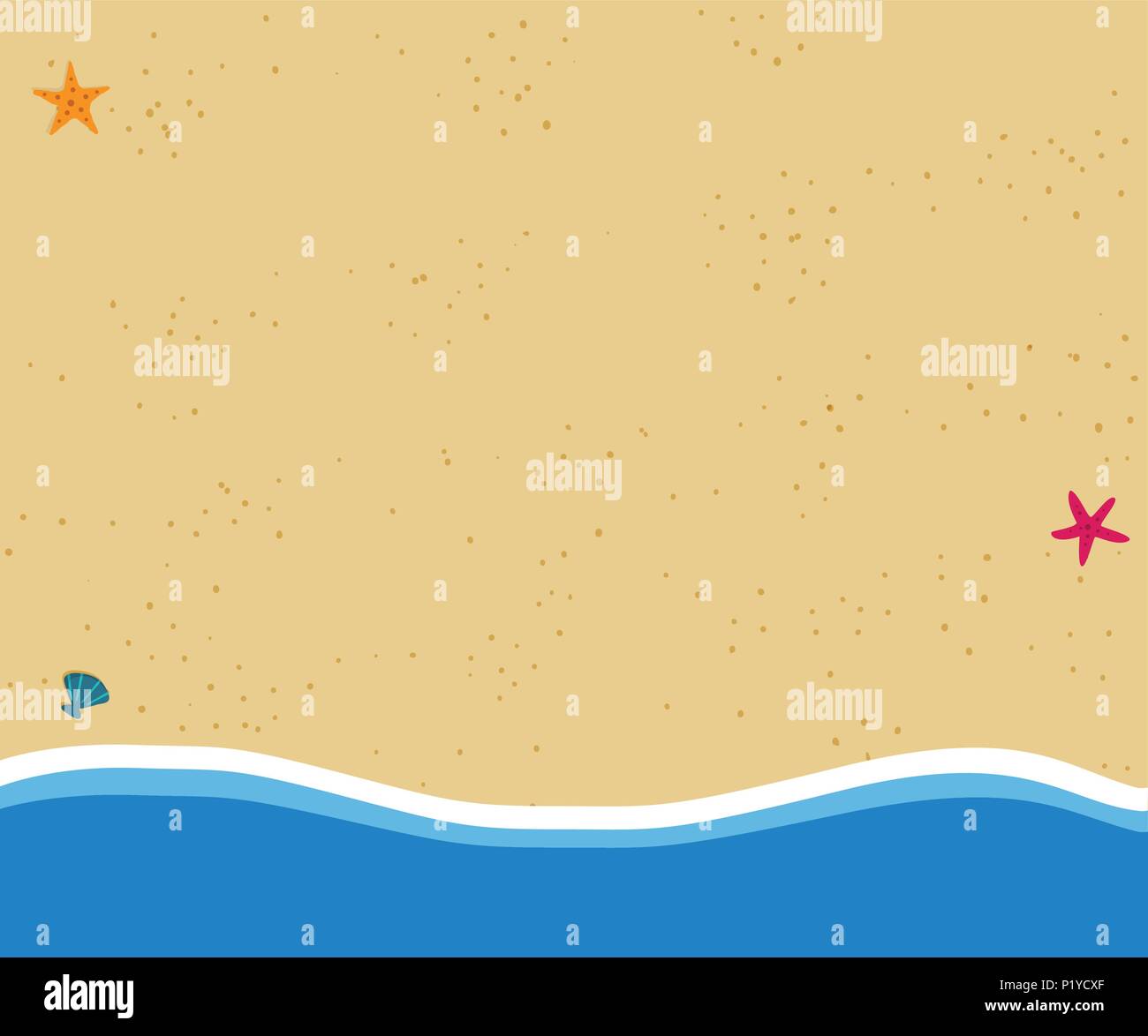 Top view of golden sandy beach with yellow sand, shells and starfish in ...