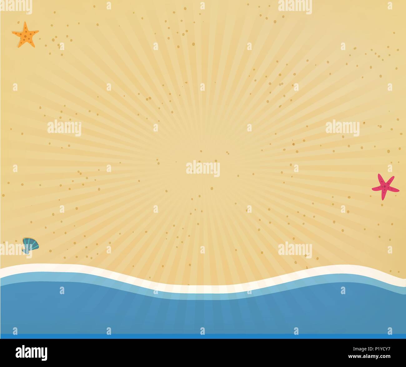 Top view of golden sandy beach with yellow sand, shells and starfish in ...