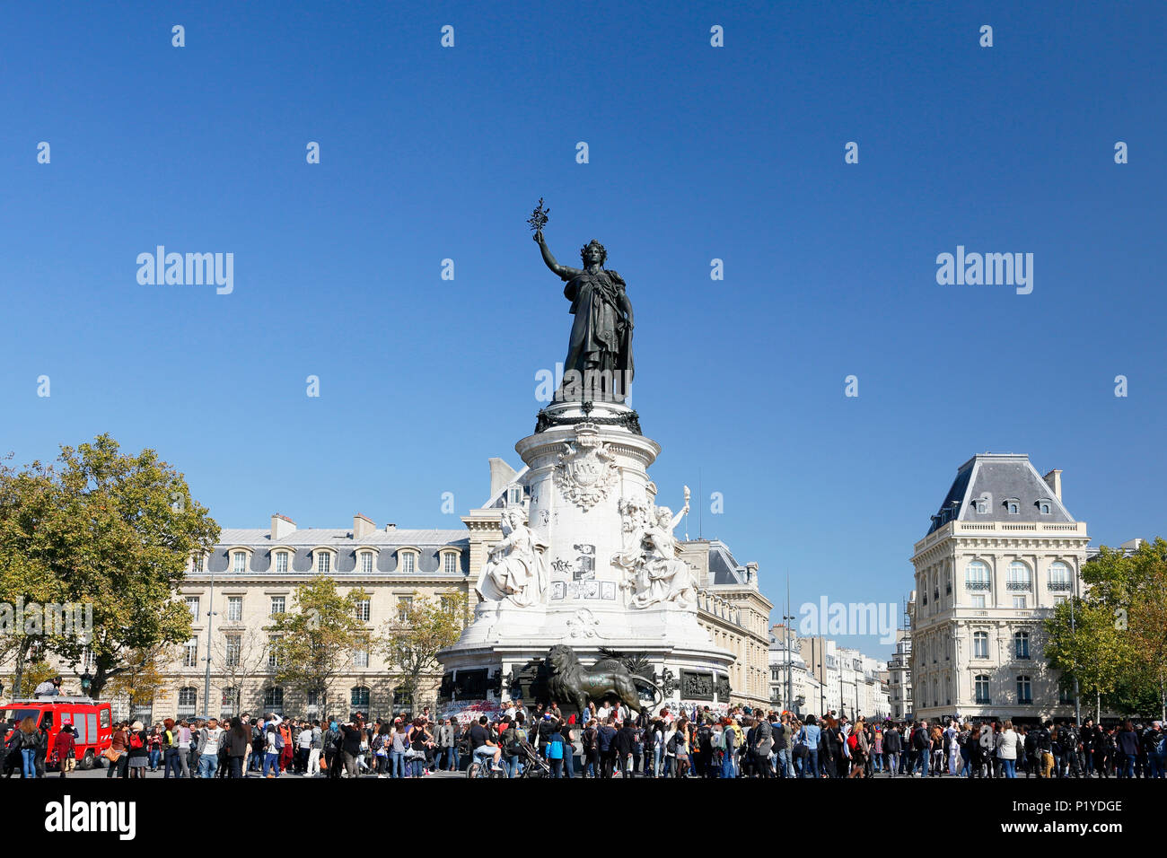 Paris. Place of the Republic. Monument with the republic. Popular ...
