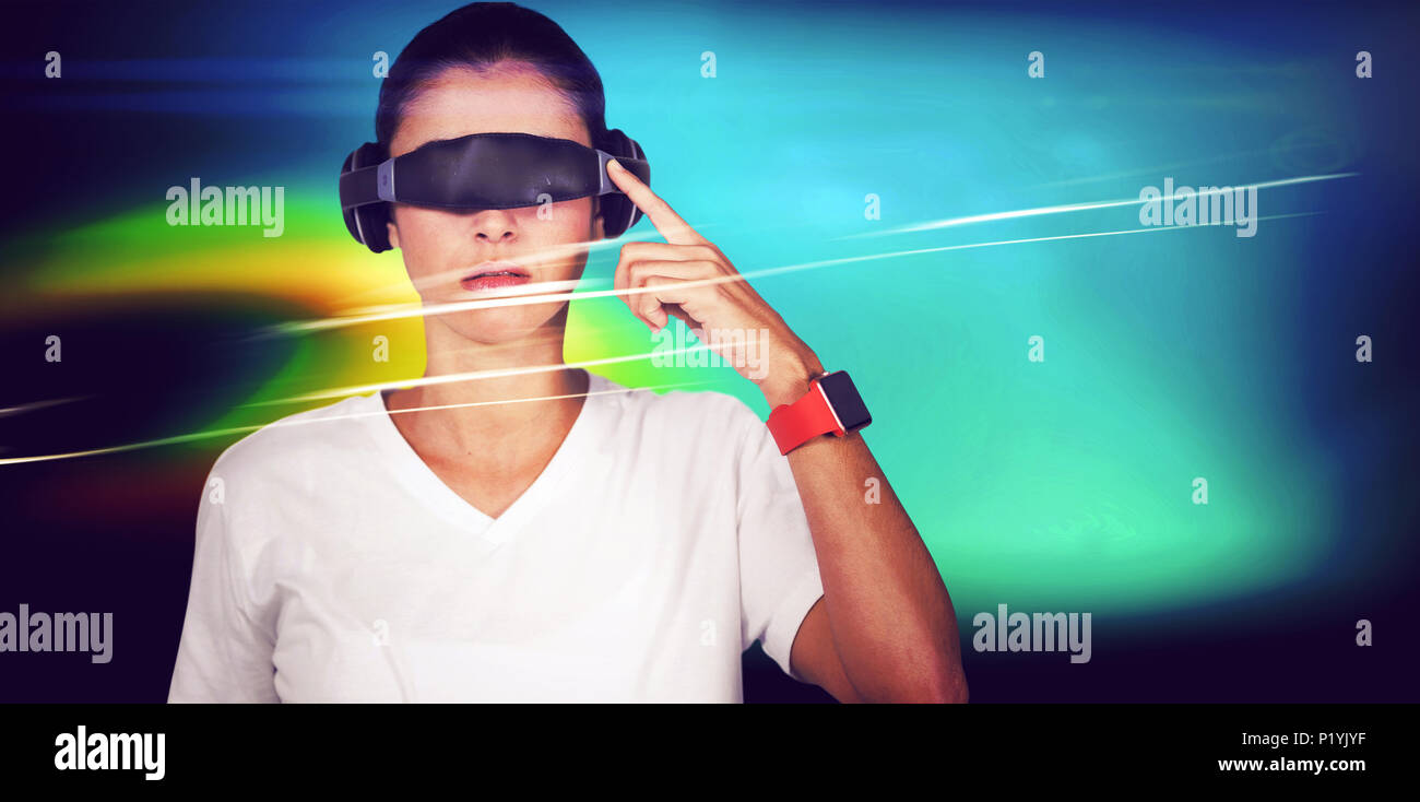 Beautiful woman with virtual video glasses Stock Photo - Alamy