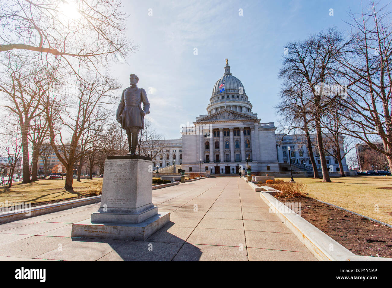 Statue of Hans Christian Heg in front of Wisconsin state capitol ...