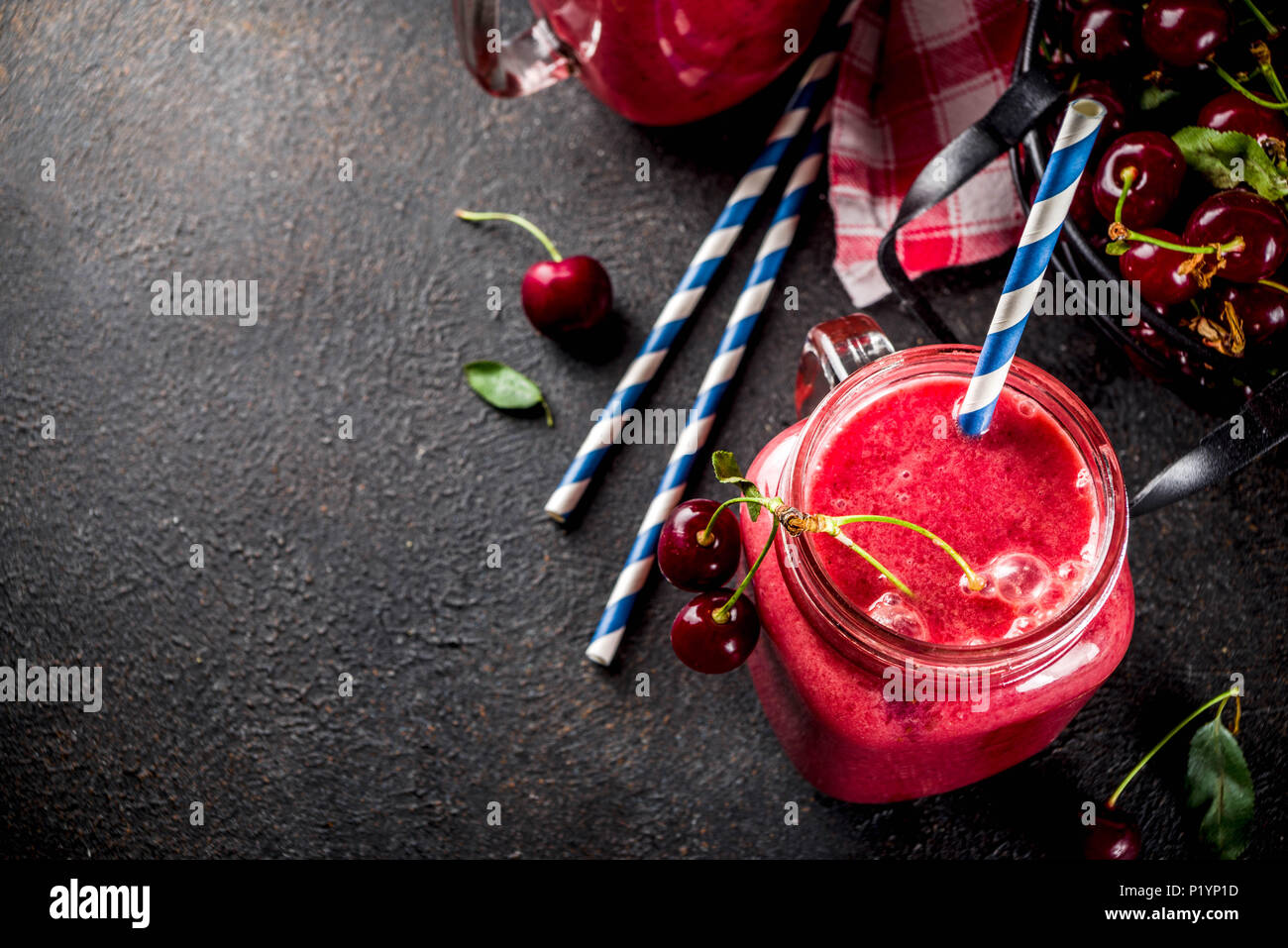 Summer fruity vitamin drink. homemade cherry smoothie on dark ...