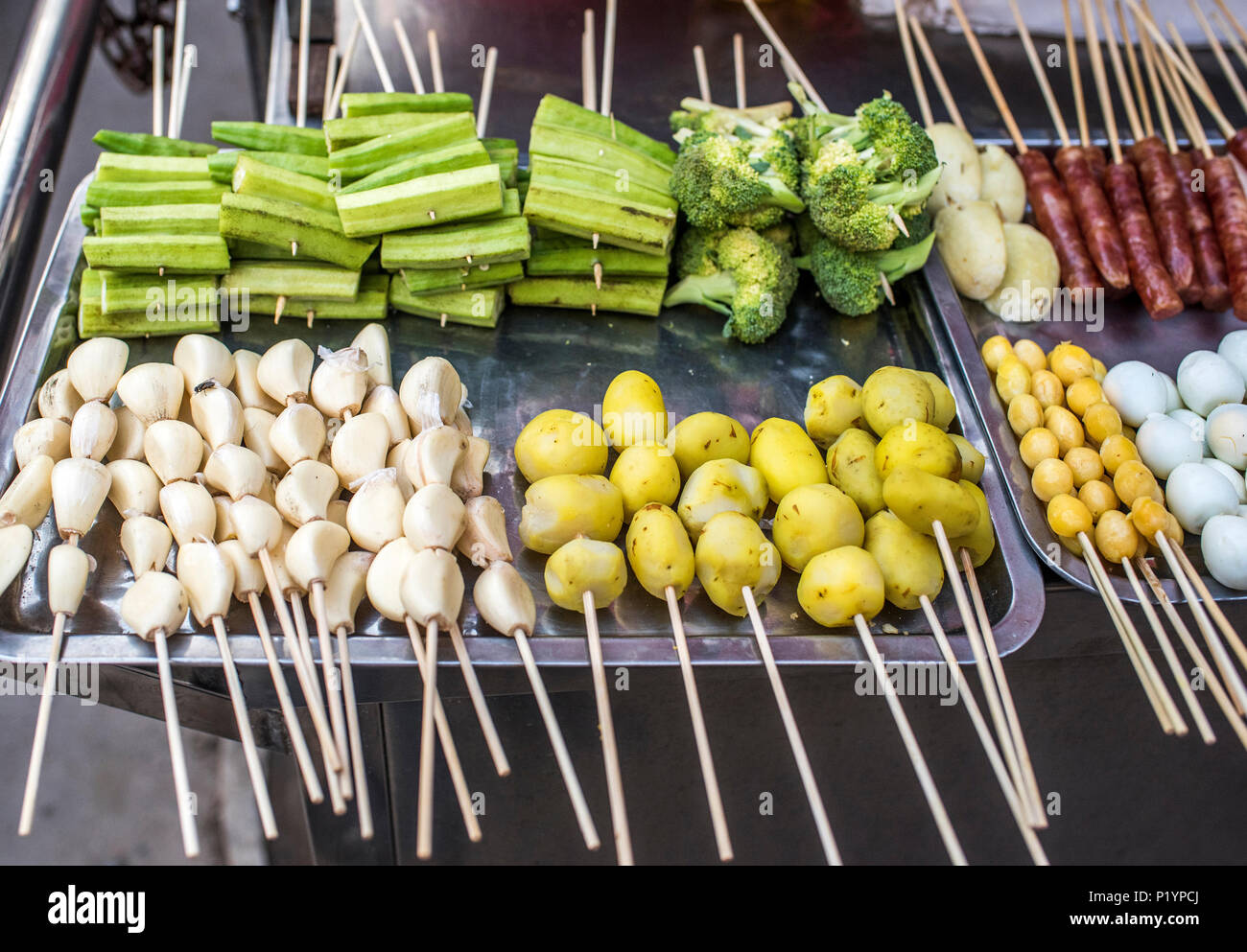 Myanmar, Yagon, vegetable skewers on the street market in the Chinese ...
