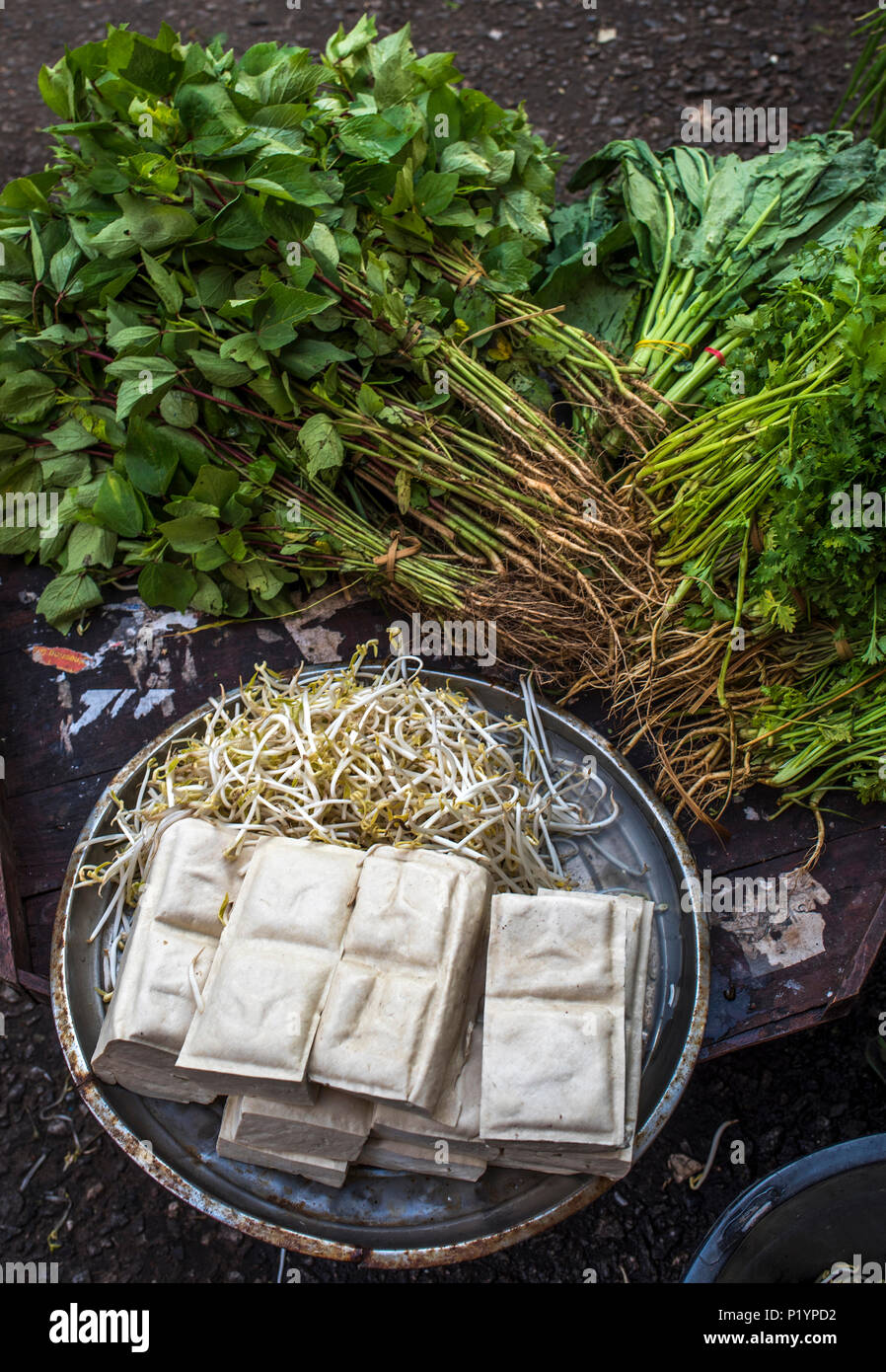 Myanmar, Yagon, vegetables on the street market in the Chinese district ...