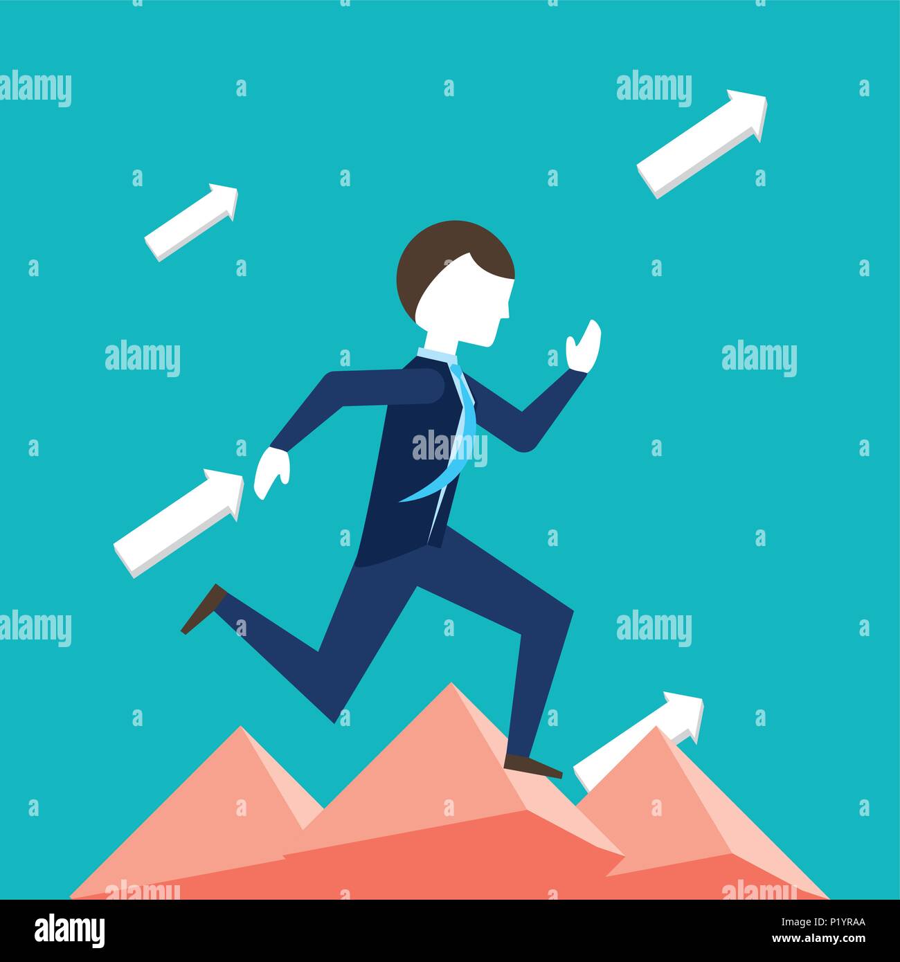 arrows and businessman running for the success over blue background ...