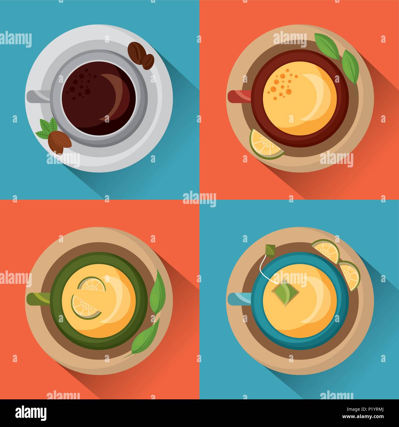coffee and tea time top view cups on dishes seeds and leaves herbal ...