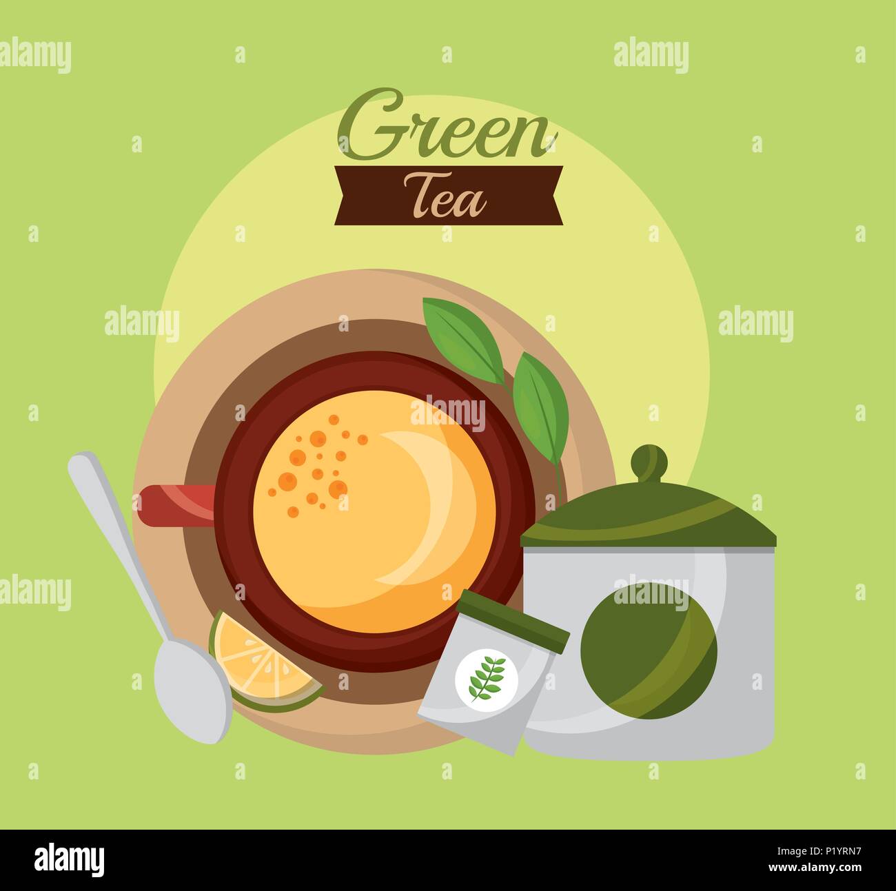 top view teacup lemon spoon and sugar pot tea time vector illustration ...