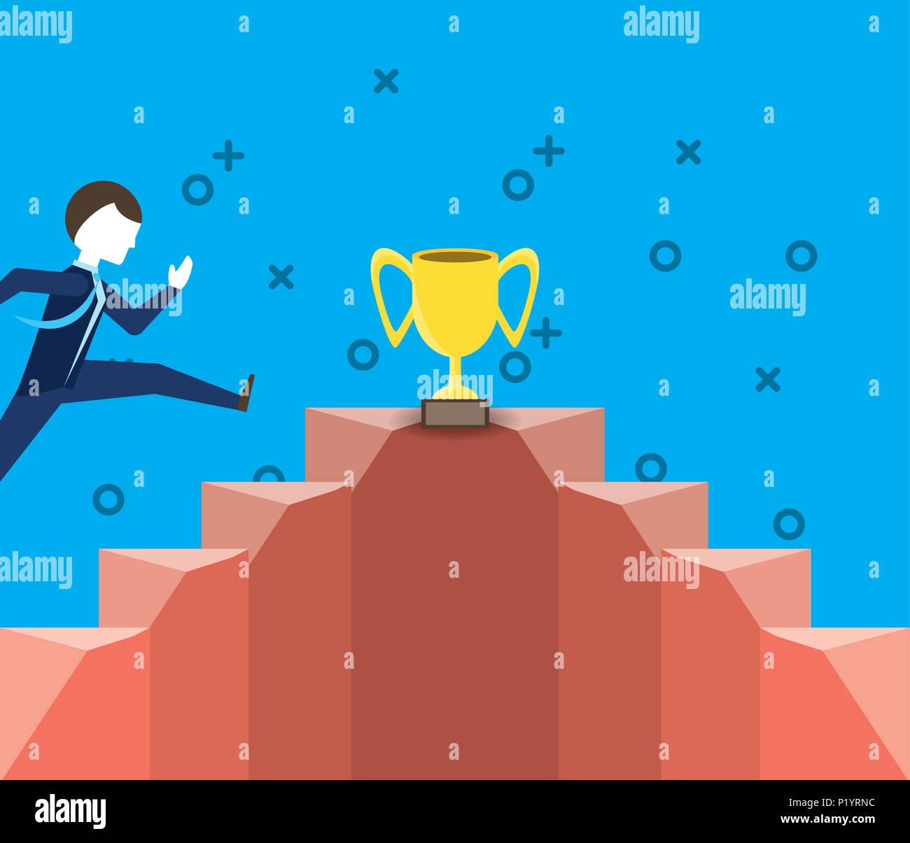 businessmen running and trophy cup over blue background, colorful ...