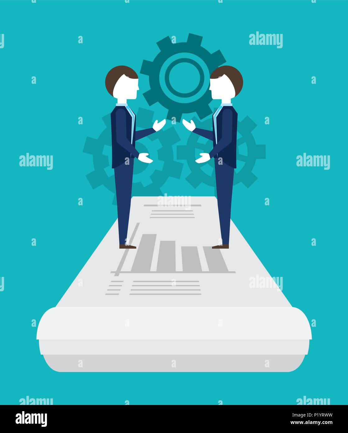 cartoon businessmen talking and gear wheel icon over blue background ...