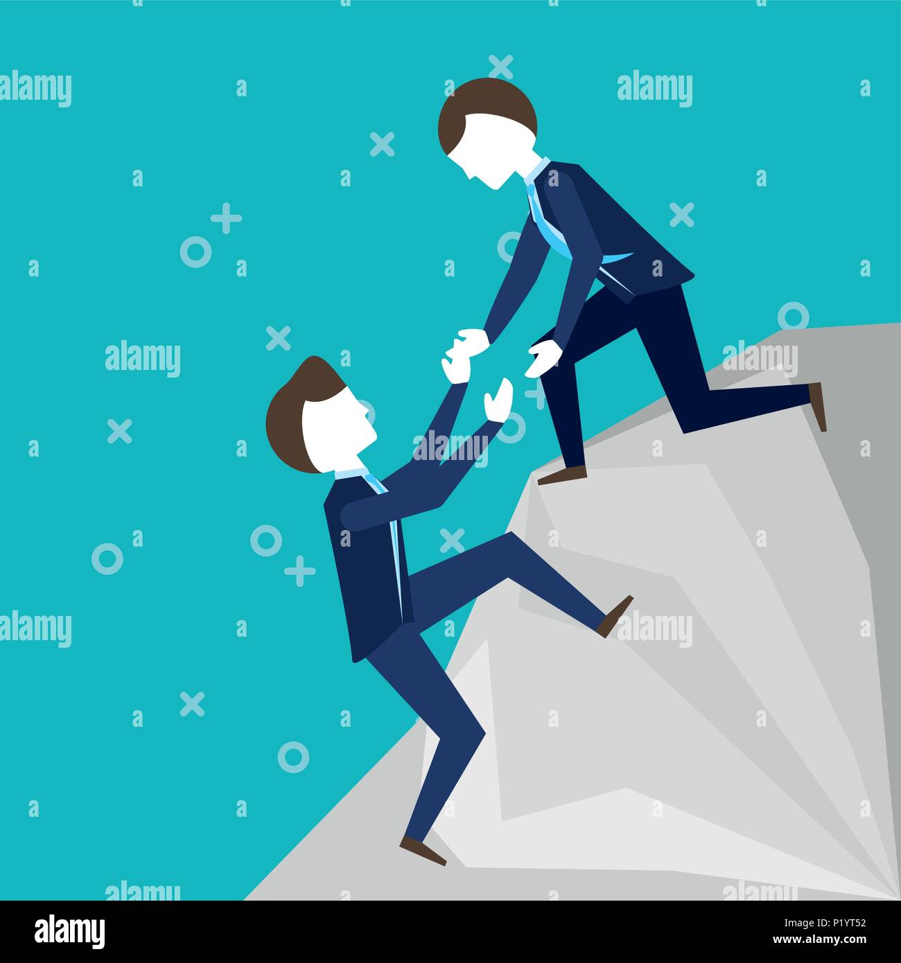businessman helping other businessman to the top over blue background ...
