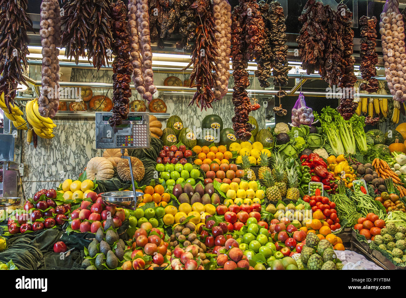 Spain, Catalonia, Barcelona, la Rambla, fruits and vegetables stall at ...