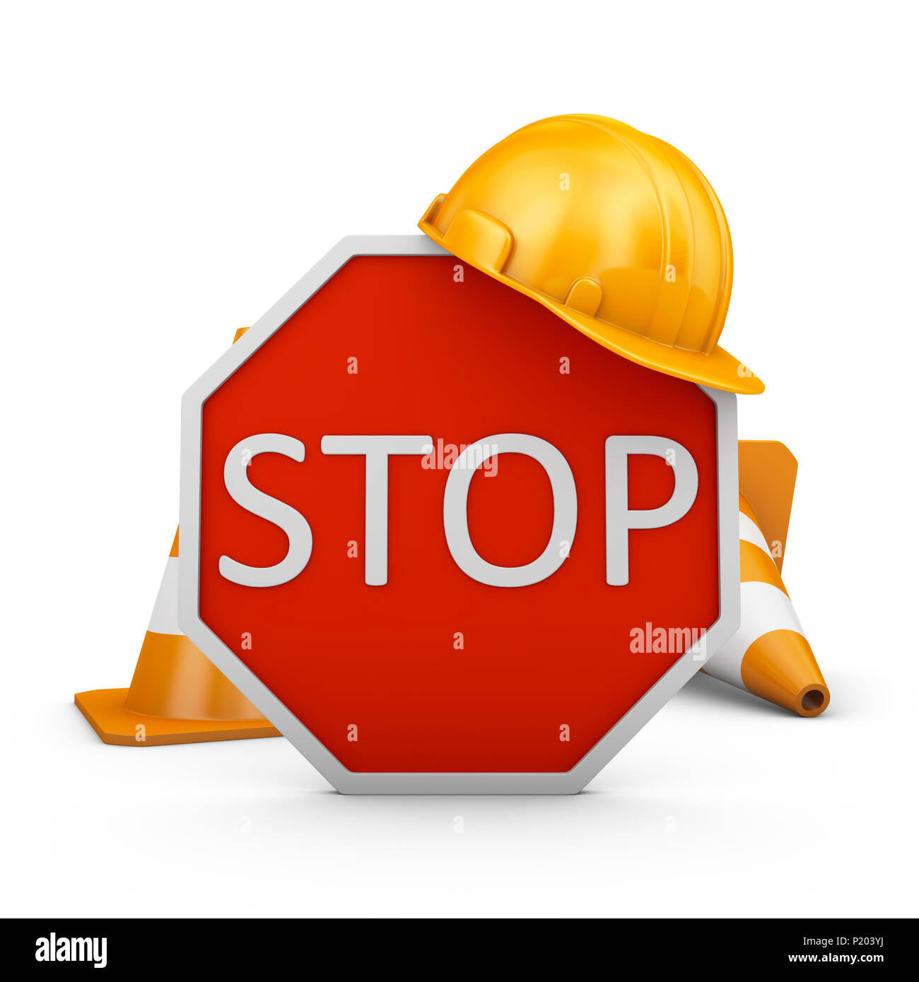 Traffic sign, cones and helmet. 3d rendering Stock Photo - Alamy