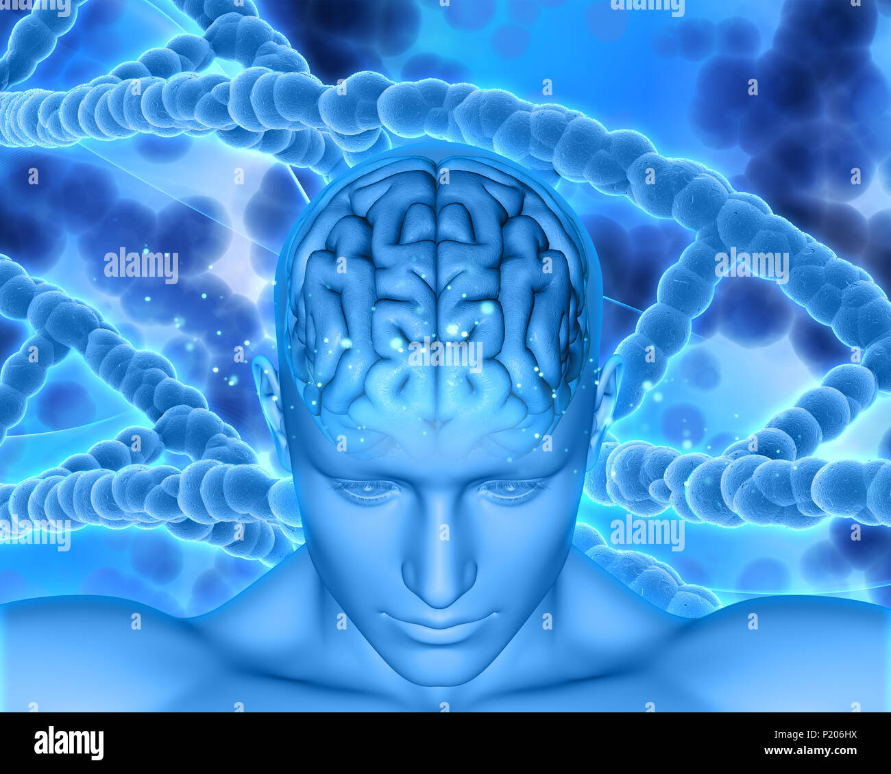 3D render of a medical background with male head showing brain with DNA ...