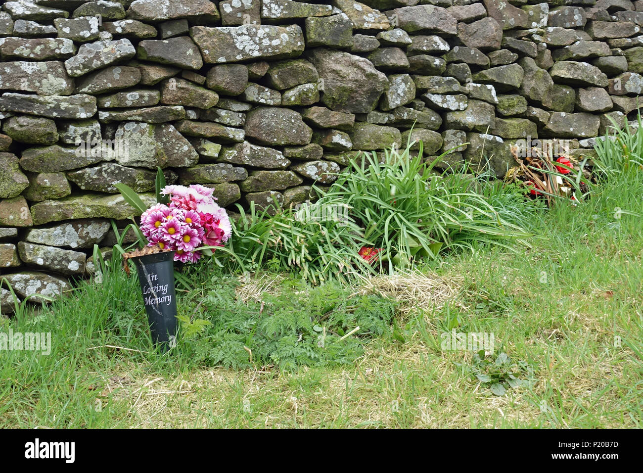 Simple floral tributes left 'in memoriam' by a dry stone wall on ...