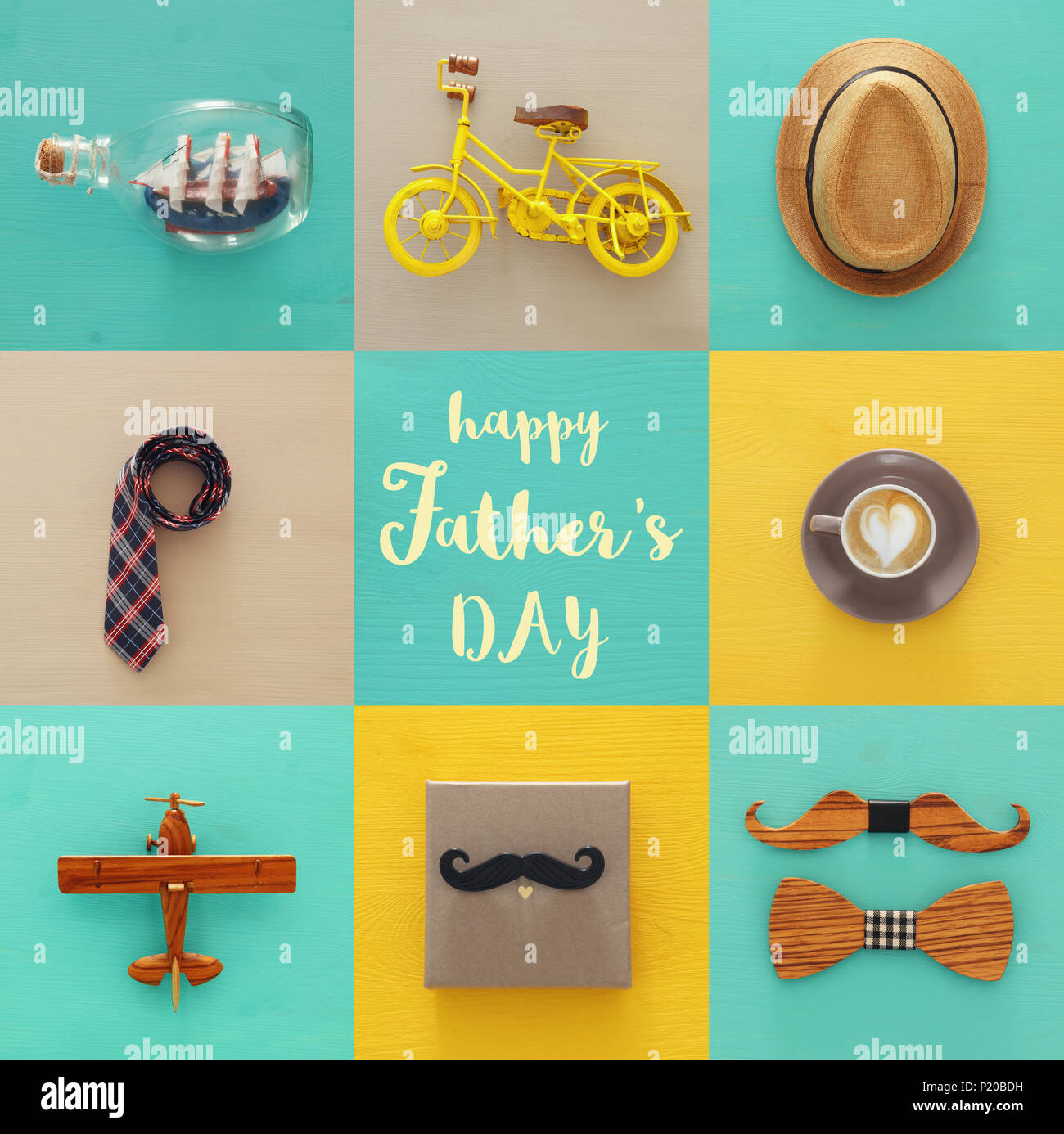 top view collage with man life style objects. Father's day concept ...