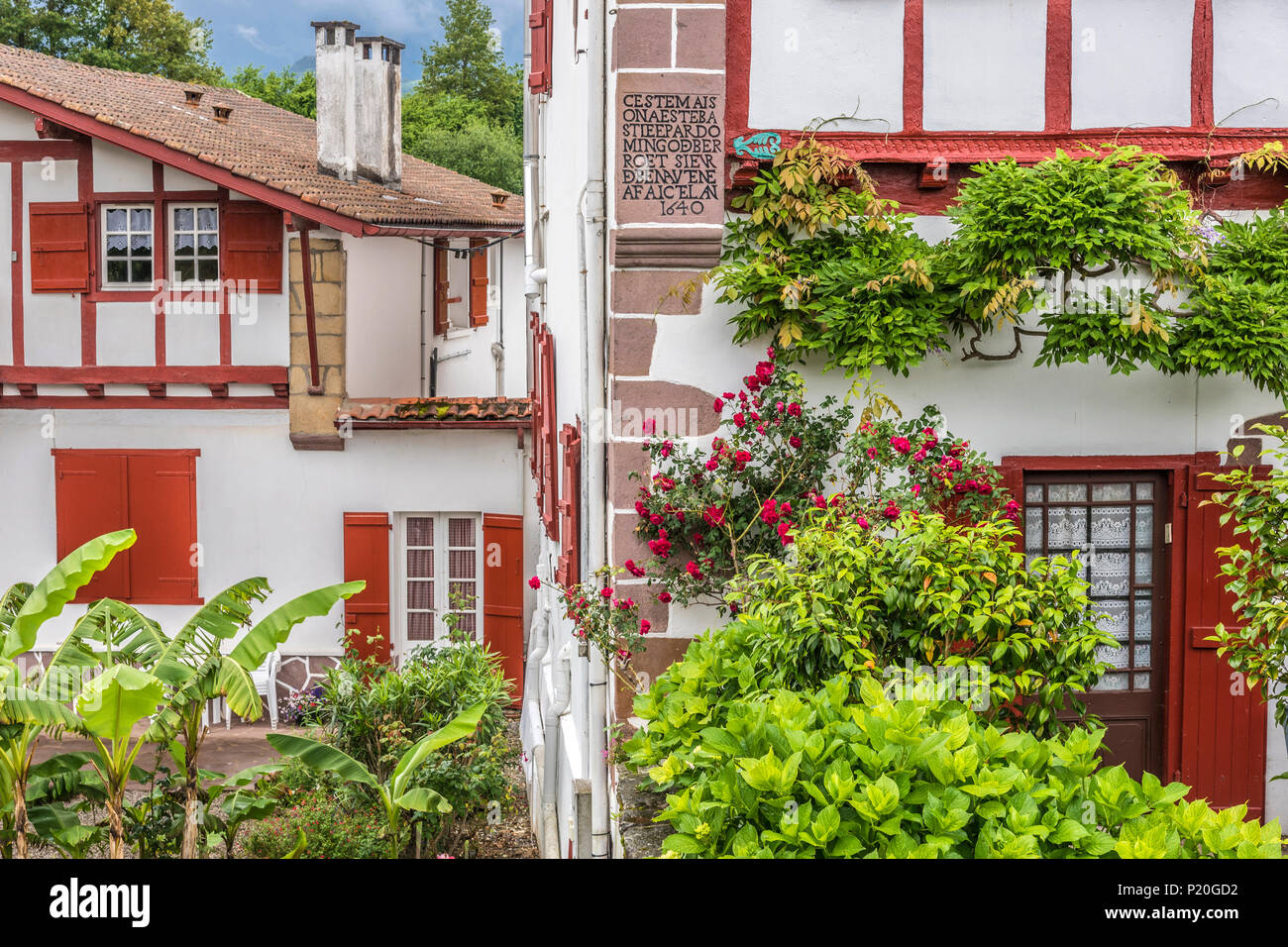France, Pyrenees Atlantiques, Basque Country, Ainhoa, half-timbered ...