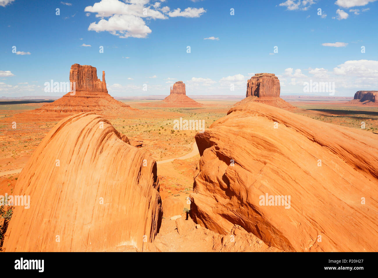 USA. Utah. Monument Valley. From left to right: West Mitten Butte, East ...