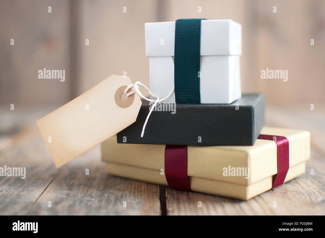 Gift boxes with blank label Stock Photo - Alamy