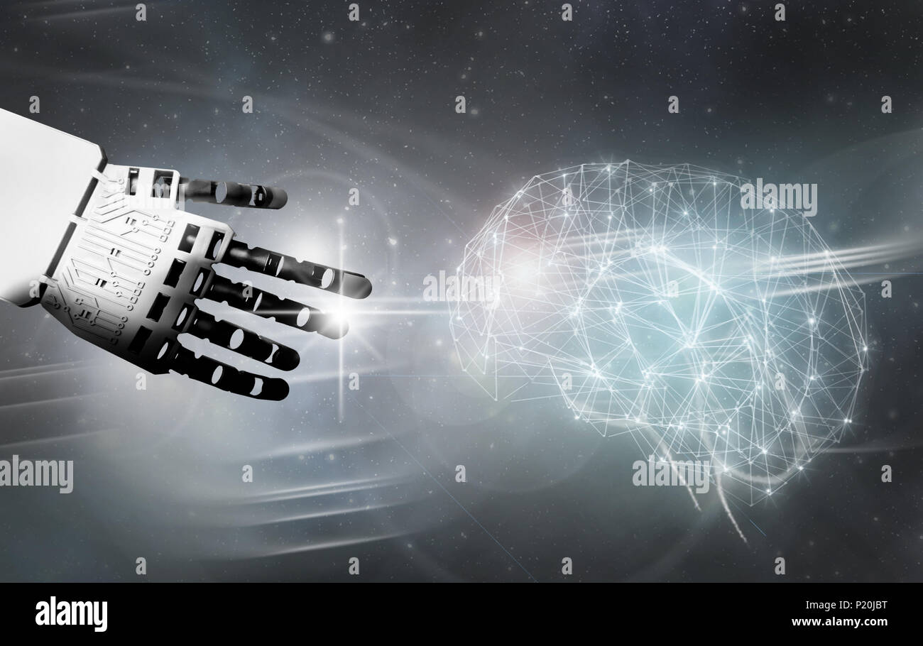 Robot hand reaching towards a brain Stock Photo - Alamy