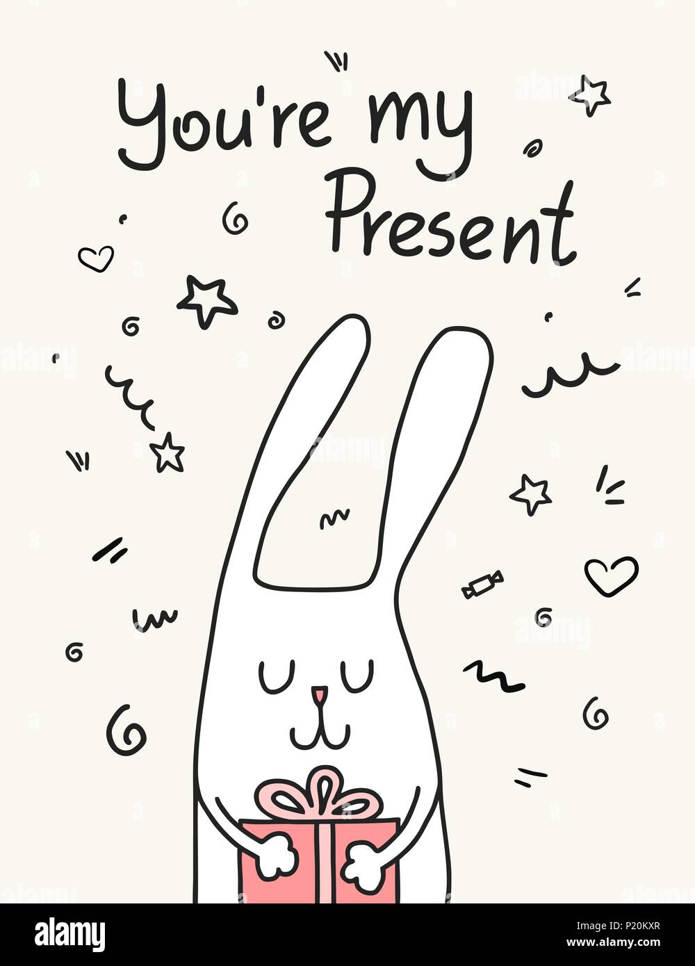 Cute bunny hold a gift box with great present. Cartoon flat vector ...