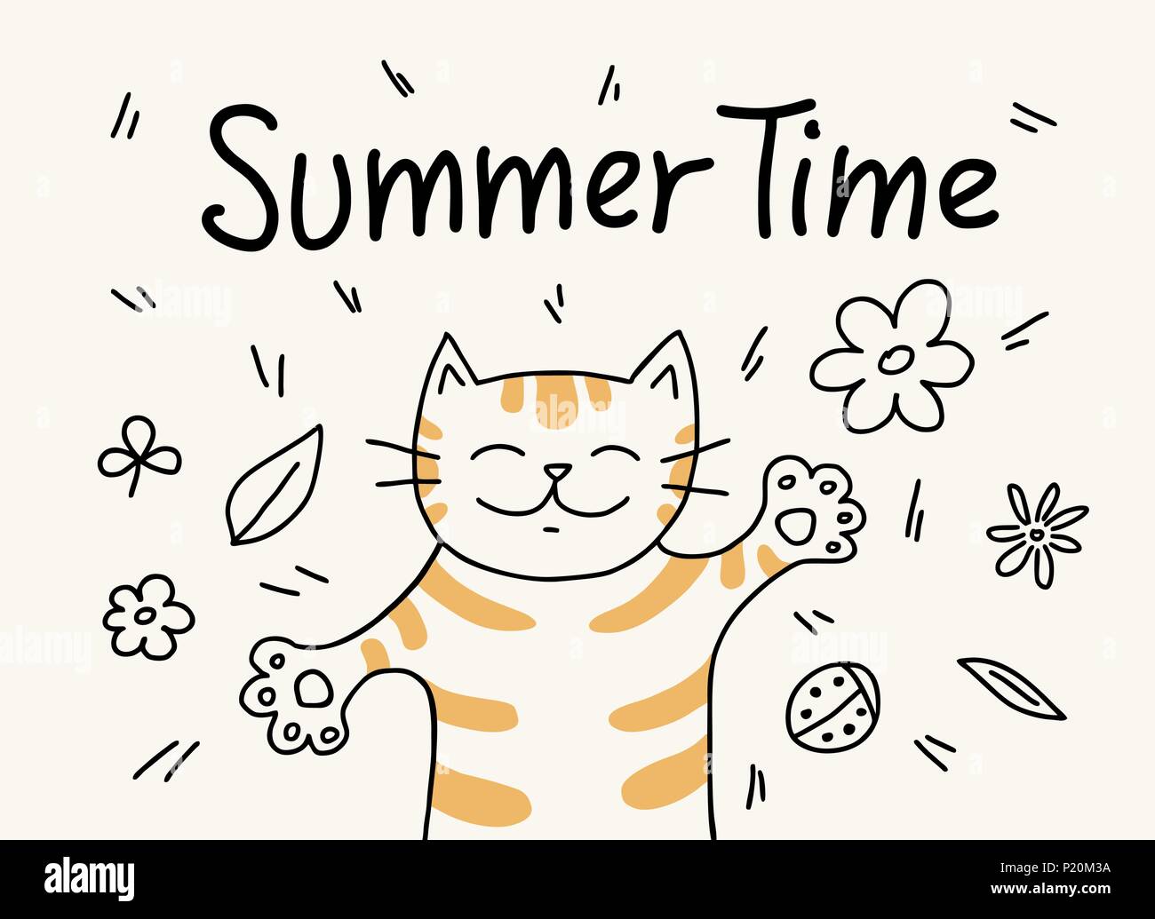 Lovely cat laying on the grass in relax summer time. Cute cartoon flat ...