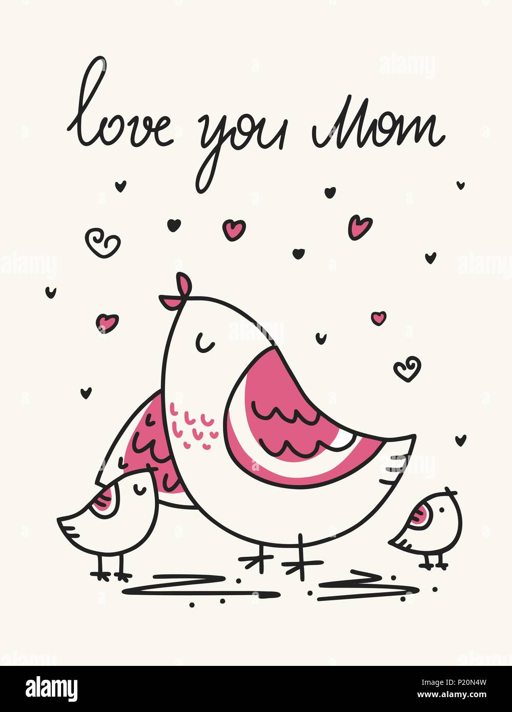 Mother`s Day vector card with bird and her cute kids. Cartoon flat ...