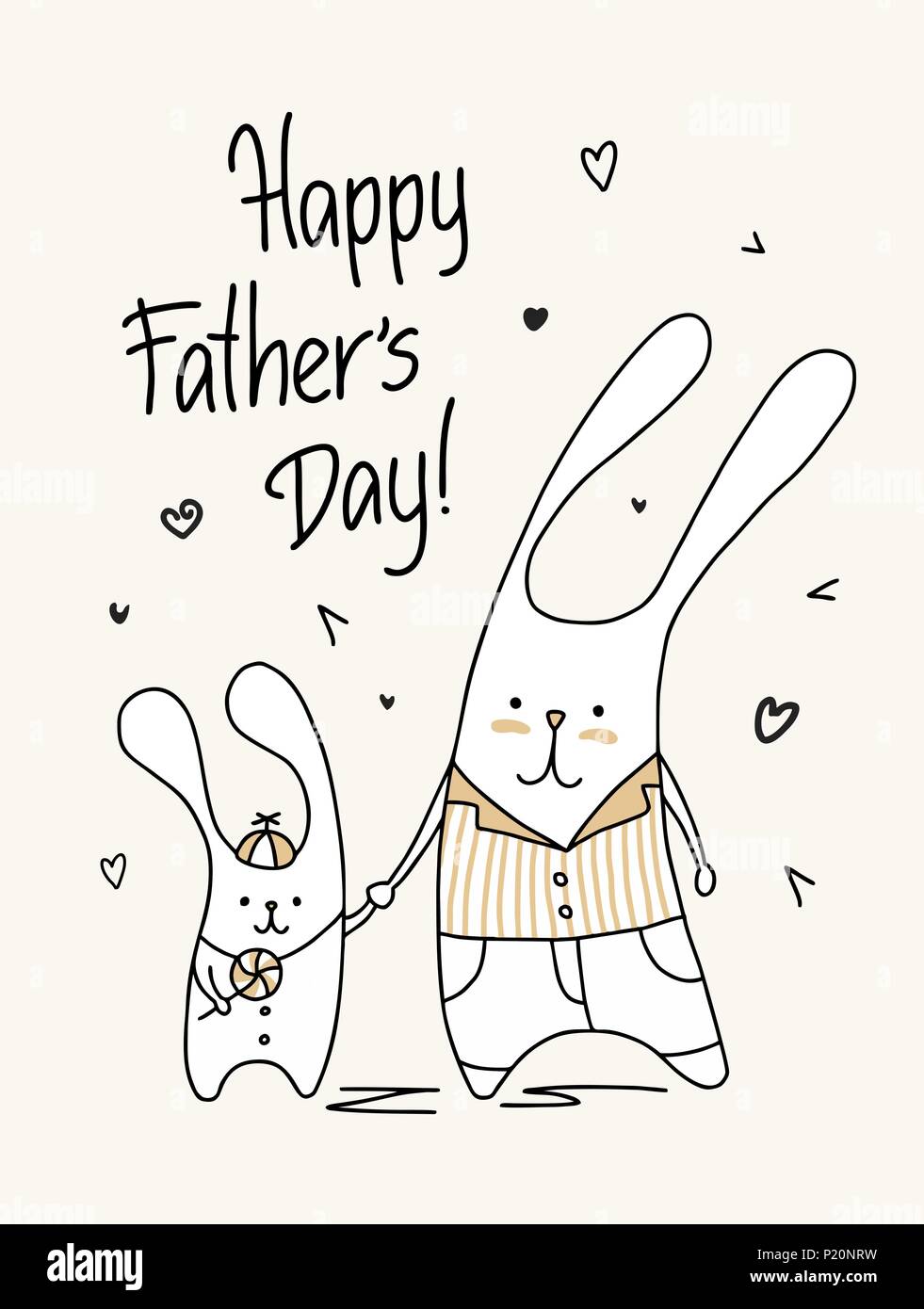 Father`s Day card with happy cute daddy and son. Funny animal flat ...