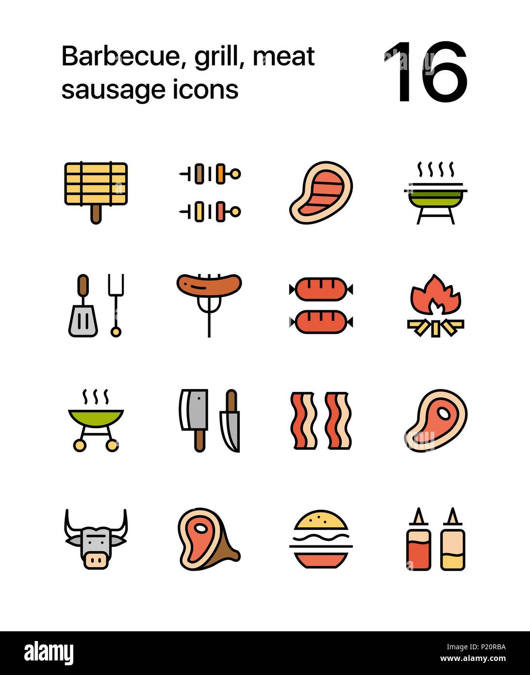 Colored Barbecue, grill, meat, sausage icons for web and mobile design ...