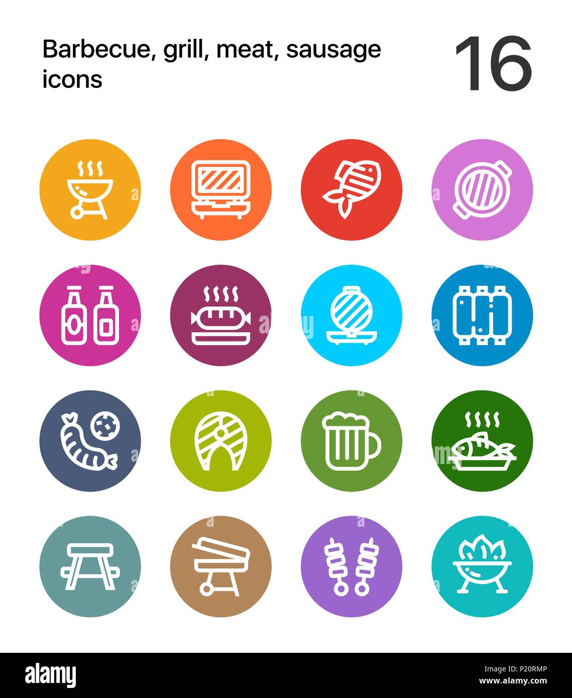 Colorful Barbecue, grill, meat, sausage icons for web and mobile design ...