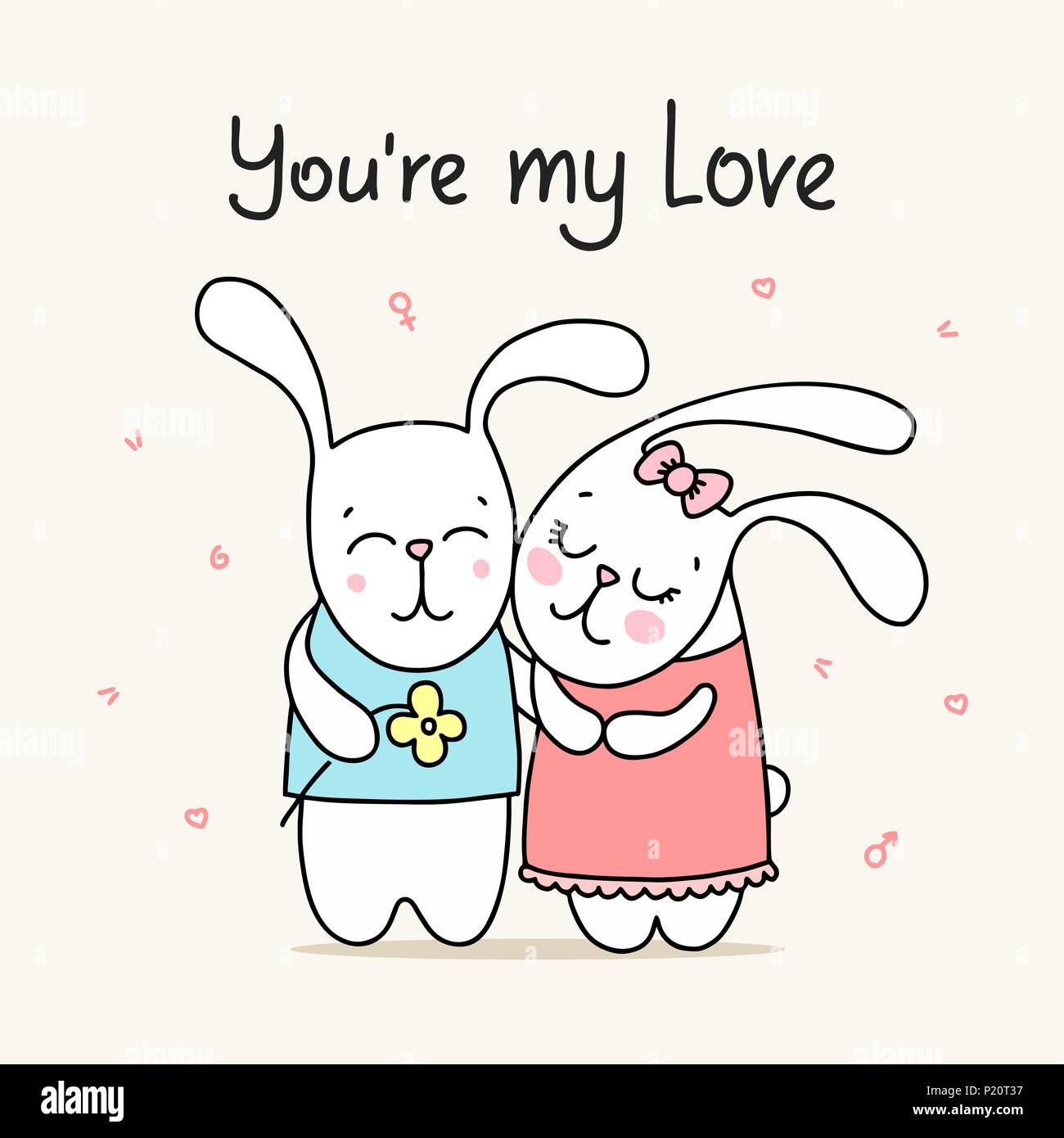 Couple of happy rabbits hugs and smiling. You are my love cartoon flat ...