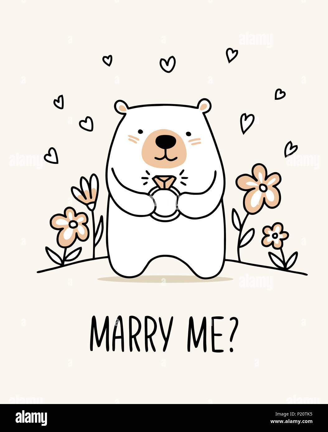 Funny white bear with ring in hands. Marry me cartoon flat vector ...