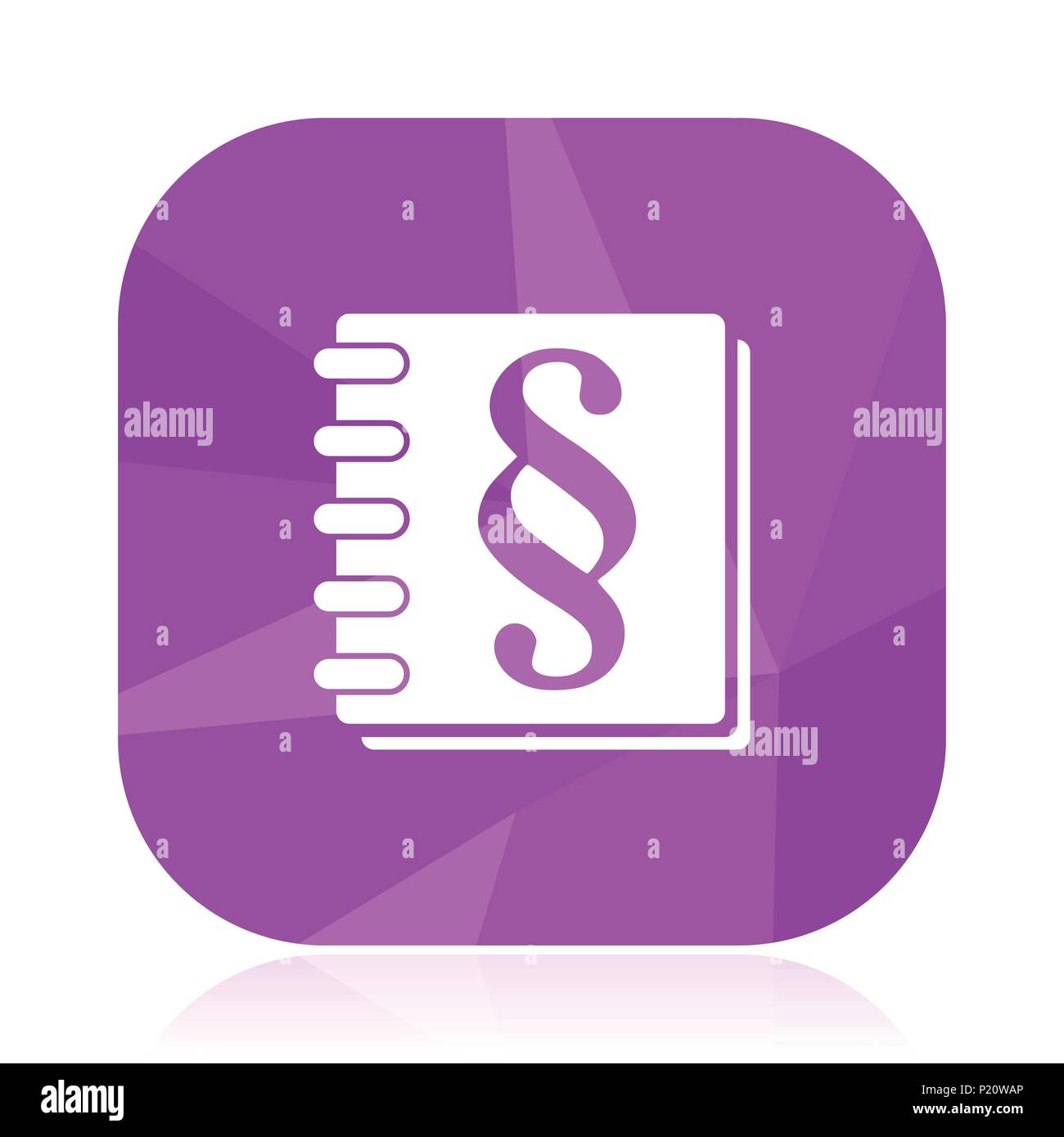 Law flat vector icon. Book violet web button. Justice internet square ...