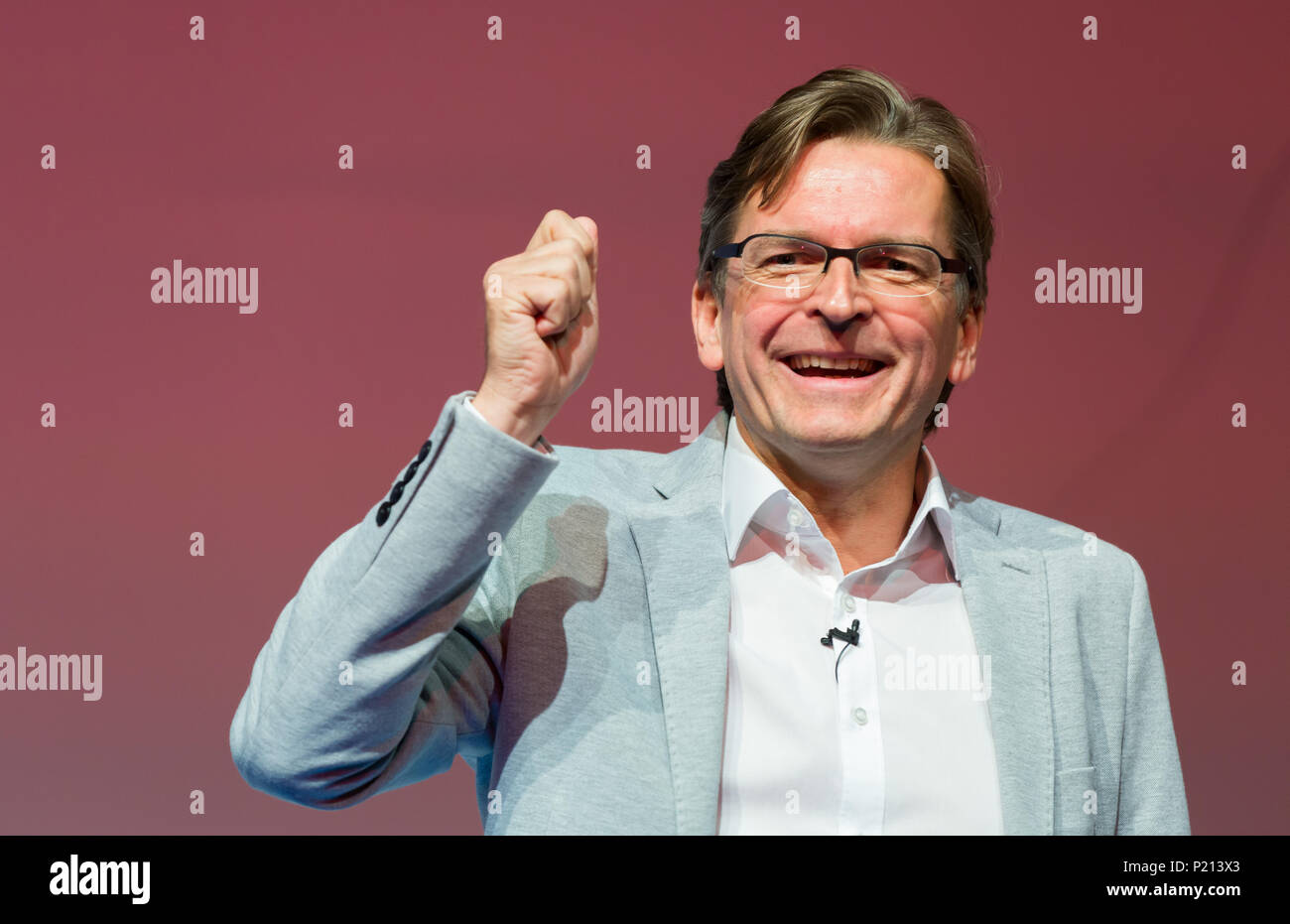 Cologne, Germany, June 13 2018, broadband fair Angacom: Moderator Claus ...