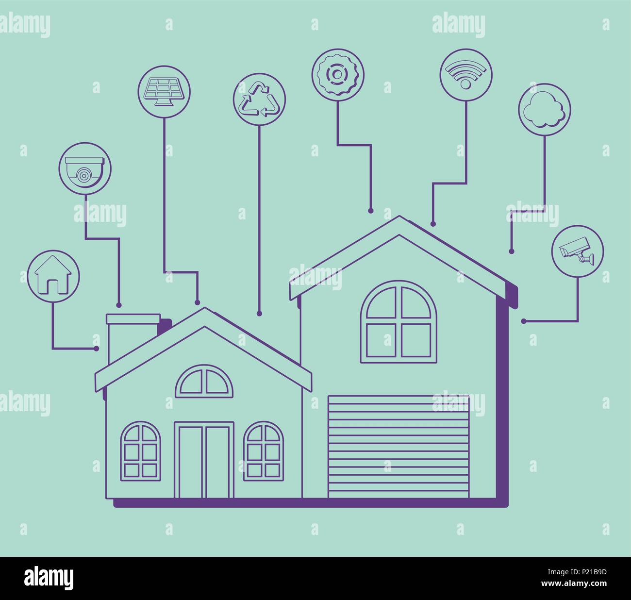 Modern house with smart home related icons over green background ...