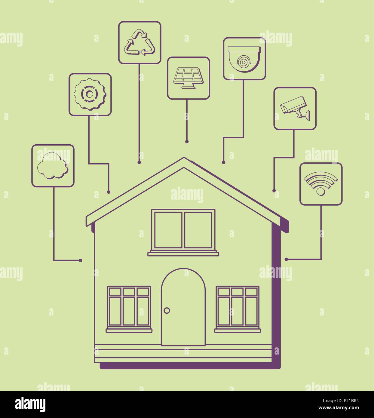 Modern house with smart home related icons over green background ...