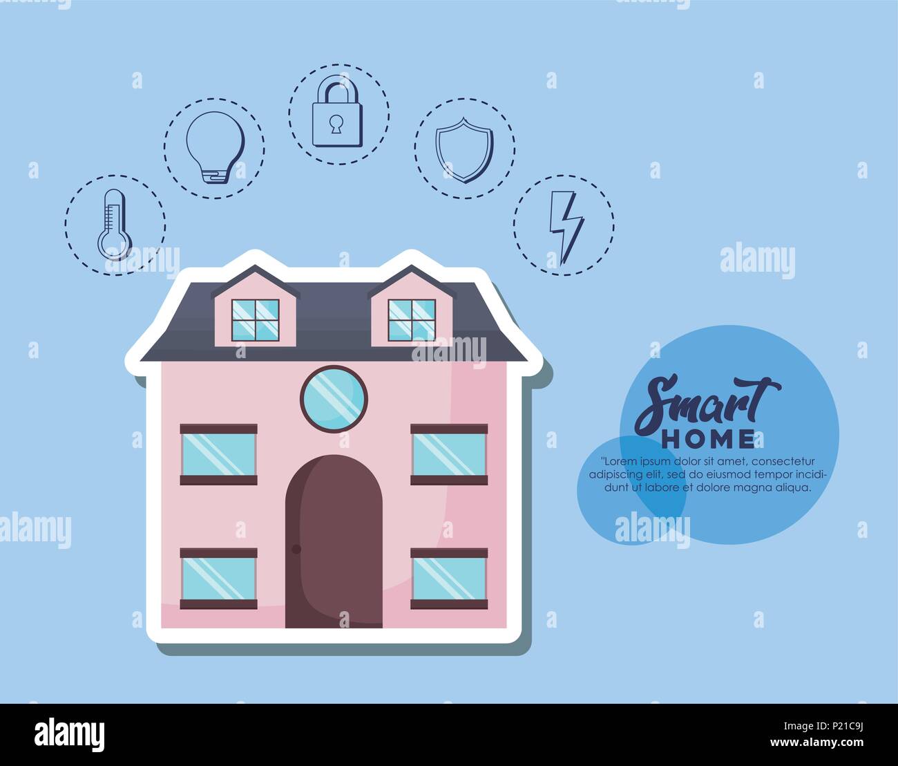 Smart home design with modern house and related icons around over blue ...